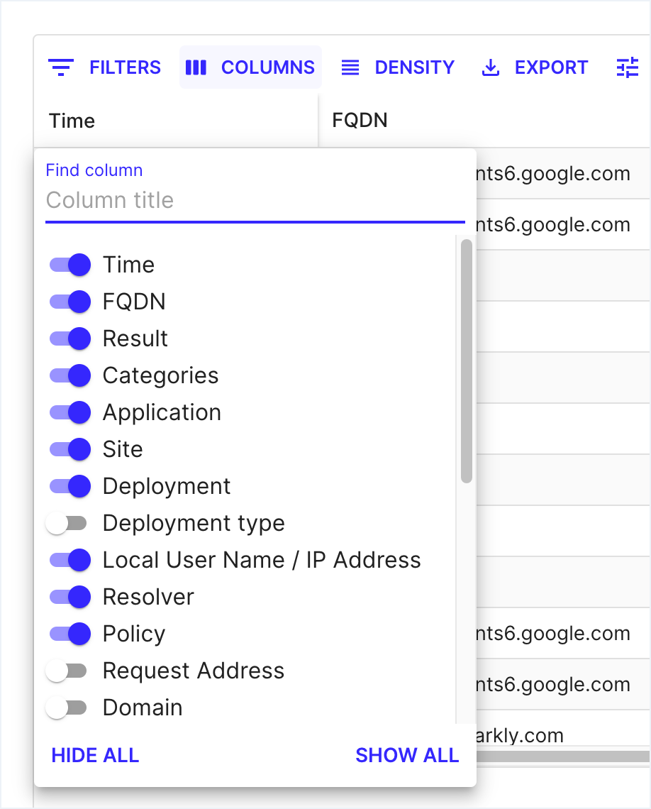 DNS Query Log dashboard navigation – DNSFilter